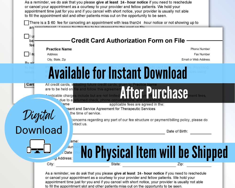 Credit Card Authorization Form on File for Therapy Practices